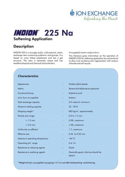 INDION 225 Na - Ion Exchange Resin (50 Litres)